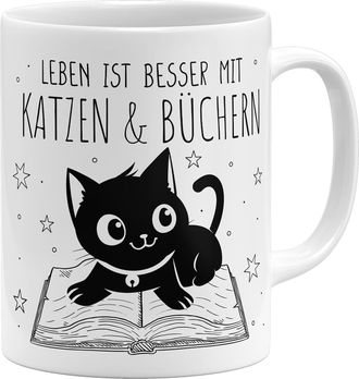OM3 witzige Kaffee-Tasse mit Spruch - Leben ist besser mit Katzen & B&uuml;chern - Leseratten & Katzenfans - Keramik Becher - 325ml - Beidseitig Bedruckt - Wei
