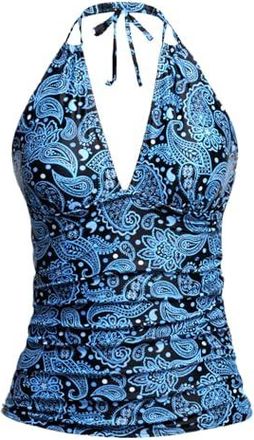 Yonique Haut tankini dos nu sans bas &agrave; col en V pour femme, Bleu Paisley 03, Taille M