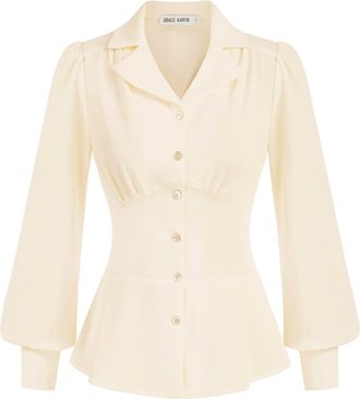 Grace Karin Grace Karin Button-Down-Shirts für Damen, Schößchen-Tops, langärmelig, Arbeitsbluse, Kragenhemd, Elegantes Oberteil, Elfenbein, Mittel