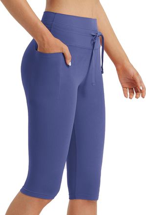 Baleaf Damen Knielange Capri Leggings mit Taschen High Waisted Sport Leggings Drawstring Yogahose Kurze Workout Sporthose Gym Casual Sommer Blau XXXL