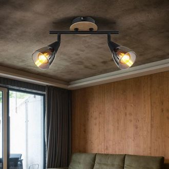 Globo Lighting Plafonnier plafonnier spot de plafond salon lumi&egrave;re salle &agrave; manger lampe de couloir, m&eacute;tal bois verre marron noir couleur fum&eacute;e, 2 ampoules