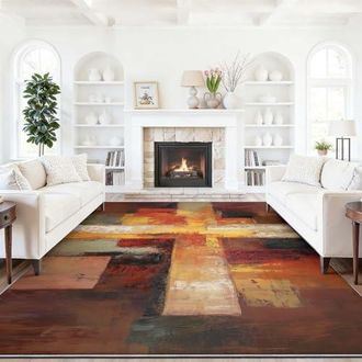 Generic Moderne Antid&eacute;rapant Tapis Brun Fonc&eacute; - Doux R&eacute;sistant Lavable en Machine Tapis &agrave; Motif Rouille Chic G&eacute;om&eacute;trique Peinture &Agrave; lhuile Poil Ras Moquette p