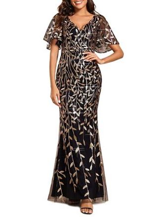 Ever-pretty Sir&egrave;ne Robe de Soir&eacute;e Femme Longue Paillettes Manche Courte Feuilles Splendide Or Noir 40