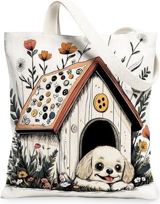 Generic Sac fourre-tout en toile motif chien p&eacute;kinois printanier 33 x 38,1 cm, niche amusante pour chiot, sac d&eacute;picerie r&eacute;utilisable, sac d&eacute;picerie pour femme