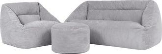 Icon Brand Cecilia Sitzsack Sofa, Sitzsack Sessel mit Runder Hocker, Grau, Flauschiger Cord Stoff, 2 Sitzer Sofa Set f&uuml;r Erwachsene, Riesensitzsack mit F&uuml;llung, 
