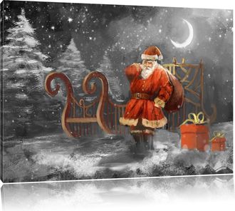 Pixxprint Weihnachtsmann mit Geschenken, Größe: 60x40cm, Leinwandbild, fertig gespannt, Wandbild, Dekoration, Kunstdruck, kein Poster
