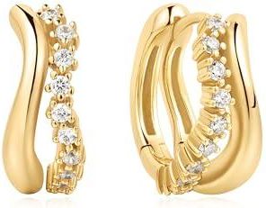 Ania Haie Miss TWINKEL Boucles doreilles créoles pour femme en argent sterling 925 plaqué or 14 carats, serties de 20 zircons, taille : 16 mm, emballage cadeau 