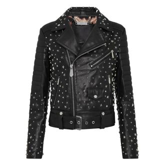 Philipp Plein Femme, Vestes, Noir, Taille: 38 FR Leather Biker Stars