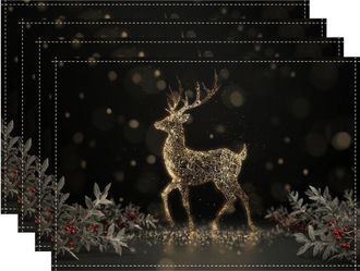 Generic Weihnachtliche Goldene Rentier Tischsets Schwarz Festliche Tischsets f&uuml;r Esszimmer rutschfest Waschbar Indoor Outdoor Party Dekoratives Tischset 4er S