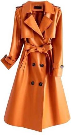 Generic Manteau Trench Femme Automne Hiver Cuir Peau de Mouton - Classique Revers Long Loose Oversize Veste avec Ceinture, Orange, S