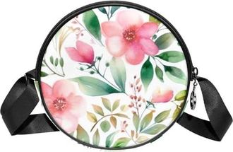 Generic Petit sac &agrave; bandouli&egrave;re circulaire pour femme, motif feuilles florales, sac &agrave; dos avec fermeture &eacute;clair, bretelles r&eacute;glables, sac &agrave; main rond d&eacute;contra