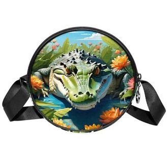 Generic Sac &agrave; bandouli&egrave;re rond pour femme, petit sac &agrave; bandouli&egrave;re crocodile avec fermeture &eacute;clair, bretelles r&eacute;glables, sac &agrave; main rond d&eacute;contract&eacute; pour femm