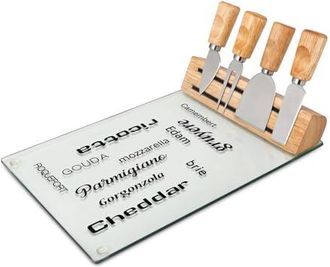 ROMINOX Geschenkartikel Käse-Set // Vetro - Pflegeleichtes Käsezubehör 5-teilig: Glasplatte, Holzkörper mit magnetischer Halterung, 4 praktische Käsebesteckte