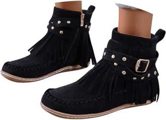 Generic Bottines occidentales à franges pour femme - Bout rond - Fermeture éclair latérale - En daim - Lacets à bout rond - Talon épais - Bottines courtes, b 