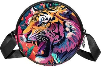 Generic Petit sac &agrave; bandouli&egrave;re rond pour femme, motif fleur de tigre, sac &agrave; dos avec fermeture &eacute;clair, bretelles r&eacute;glables, sac &agrave; main rond d&eacute;contract&eacute; pour 