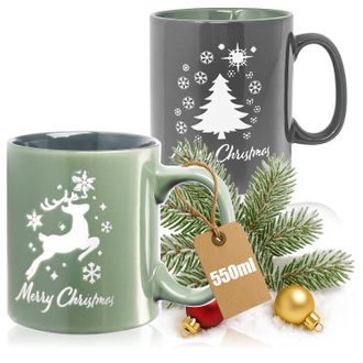 Com-Four 2x Kaffeetasse XXL 550ml mit weihnachtlichem Motiv - extra gro&szlig;e Kaffeebecher - Weihnachtstasse gro&szlig; - sp&uuml;lmaschinengeeignet (gr&uuml;n/blau - 550ml)