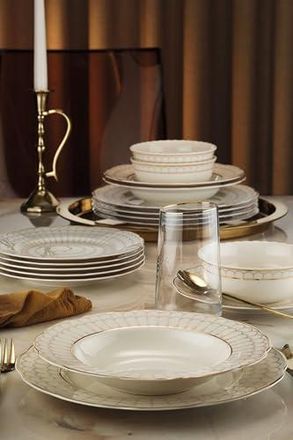 Hermia Elegant 24-Piece Dinner Set, 100% Porcelain | Includes 6 Service Plates (27 cm), Deep Plates (21 cm), Dessert Plates (21 cm), & Bowls (15 cm) | Perfec