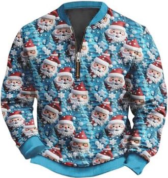Generic Pull à col rond pour homme - Style décontracté - Imprimé Père Noël 3D - Fermeture éclair - Manches longues - Sweatshirt décontracté, bleu, XXL