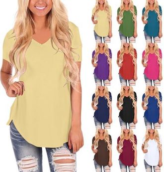 Generic T-shirt pour femme en coton basique - Grande taille - Élégant - Couleur unie - T-shirt ample - Chemisier à manches courtes avec col en V - Haut de spo