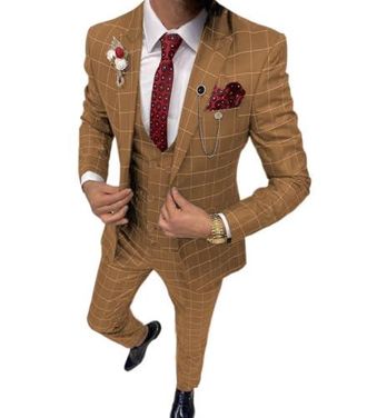 Solovedress Costumes pour hommes 3 pi&egrave;ces Costume classique &agrave; carreaux pour hommes Veste, pantalon, gilet pour mariages et affaires, marron, M