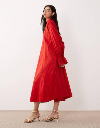 Ghospell Robe longueur mollet en taffetas avec col montant et manches bouffantes &agrave; poignets fronc&eacute;s - Rouge