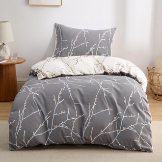 Bedsure Bettw&auml;sche 135x200 2teilig Bettbezug - Bettw&auml;sche-Sets 135 x 200 cm mit 2 Kissenbez&uuml;ge 50x75 cm, &Ouml;KO-TEX Wendebettw&auml;sche Bedding Muster Grau Zweige f&uuml;