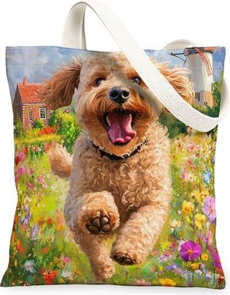 Generic Sac fourre-tout en toile motif labradoodle printanier 33 x 38,1 cm, sac d&eacute;picerie r&eacute;utilisable pour femme, motif floral amusant pour animaux domestiqu