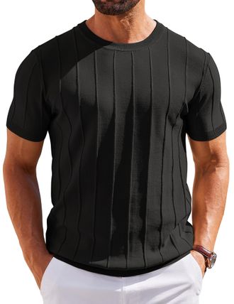 Coofandy Herren T-Shirt Kurzarm Strick Shirt mit Rundhals Shirt Casual Pullover Gestreiftes Strickshirt Sommer Oberteile Schwarz L