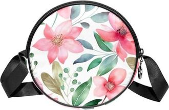 Generic Petit sac &agrave; bandouli&egrave;re circulaire pour femme, motif feuilles florales, sac &agrave; dos avec fermeture &eacute;clair, bretelles r&eacute;glables, sac &agrave; main rond d&eacute;contra