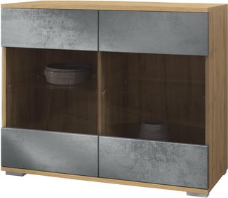 Vladon Kommode Bari V3, Moderner K&uuml;chenschrank mit 2 gro&szlig;en Glast&uuml;ren Eiche Evoke/Beton Dunkel Optik (92,5 x 75.5 x 35)