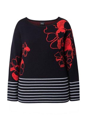 Ulla Popken Strickpullover Pullover Bl&uuml;ten U-Boot-Ausschnitt Langarm
