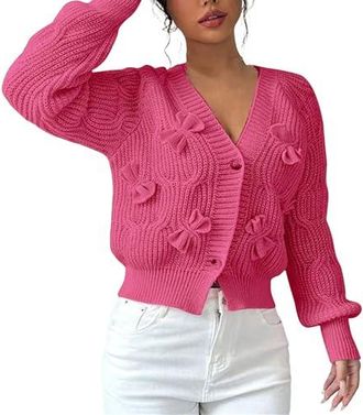 Generic Cardigan dhiver court &agrave; manches longues en tricot d&eacute;contract&eacute; &eacute;l&eacute;gant pour femme, Rose rouge, XS