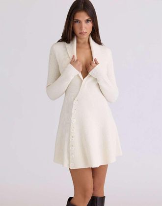 House of CB Ayla - Robe courte asym&eacute;trique en maille - Cr&egrave;me-Blanc
