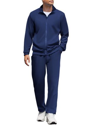 Coofandy Herren-Trainingsanz&uuml;ge, l&auml;ssiger Sweatanzug, 2-teilig, durchgehender Rei&szlig;verschluss, athletischer Jogginganzug, Sport-Sweatanzug, Marineblau, Medium