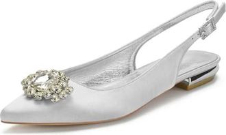 Generic Chaussures De Mariée Satinée Bout Pointu Mariage Plates Robe De Soirée De Mariage Demoiselle dhonneur pour Femmes Plates 2Cm,Argent,36 EU