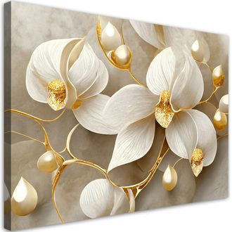 Feeby Viles - Leinwand Bilder - Orchidee Glamour Gold - 90x60 cm - Deko Wohnzimmer - Wandbilder Schlafzimmer - Deko Aesthetic - Wand Deko - Leinwand Gro&szlig; - 