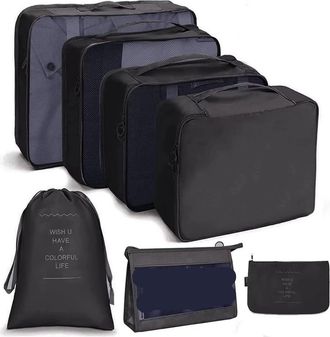 Generic 7-teiliges Reise-Aufbewahrungstaschen-Set, Koffer-Packw&uuml;rfel, Handgep&auml;ck, Kleider- und Schuh-Organizer-Taschen, faltbar(7 Pcs Black 1)