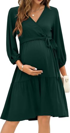 KOJOOIN Damen Umstandskleid V-Ausschnitt 3/4 &Auml;rmel Stillkleid R&uuml;schen Schwangerschafts Kleider mit G&uuml;rtel Dunkelgr&uuml;n(3/4 &Auml;rmel) XXL