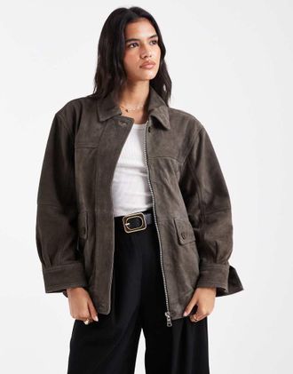 Asos Bomber oversize en daim v&eacute;ritable - Olive-Vert