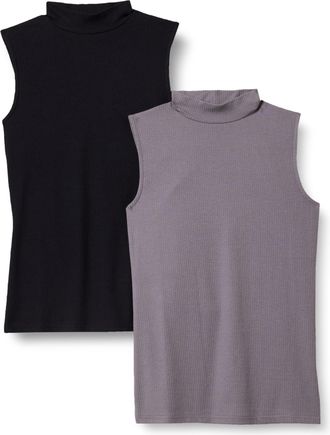 Amazon Essentials Damen Ärmelloses Rippstrick-Top mit Stehkragen und schmaler Passform, 2er-Pack, Grau/Schwarz, XXL