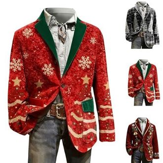 Generic Veste de costume de Noël en velours côtelé pour homme - Blazers amusants à manches longues - Revers boutonné - Tenue de Noël décontractée - Costume de
