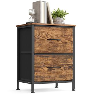 Songmics Nachttisch, Kommode, 2 Stoffschubladen, Aufbewahrungsschrank, Stahl, MDF, Vliesstoff, f&uuml;r Schlafzimmer, Flur, Wohnzimmer, vintagebraun-tintenschwarz L