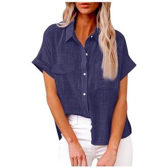 Generic Chemise d&eacute;t&eacute; en coton et lin &agrave; manches courtes pour femme - Tunique d&eacute;contract&eacute;e ample unie - V&ecirc;tements tendance avec poches, violet, 3XL