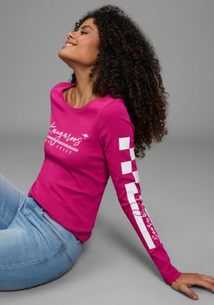 Kangaroos Langarmshirt KANGAROOS, Damen, Gr. 40/42, fuchsia, Rippware, Obermaterial: 100% Baumwolle, figurbetont h&uuml;ftbedeckend, Rundhals, Shirts Langarmshirt, L