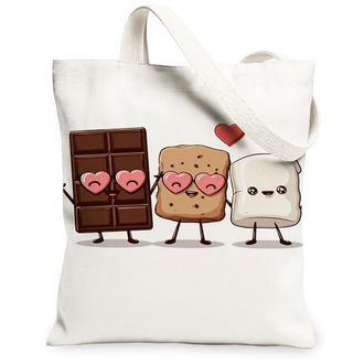Generic Sacs fourre-tout mignons en toile SMores, motif personnages de desserts amusants, sacs d&eacute;picerie r&eacute;utilisables, l&eacute;gers et lavables, blanc, 13x15 Inch