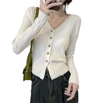 Generic Cardigan court &agrave; manches longues et col en V pour femme, blanc, Taille XS