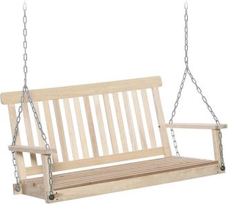 OUTSUNNY Banc suspendu 2 places en bois - dossier assise &agrave; lattes - max. 200Kg - cha&icirc;nes r&eacute;glables acier galvanis&eacute;