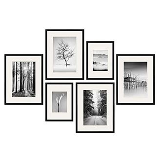 Photolini Cadre bois MDF noir, lot de 6 cadres photo avec passe-partout pour posters et affiches No.4, verre acrylique incassable, d&eacute;coration murale &agrave; suspendre