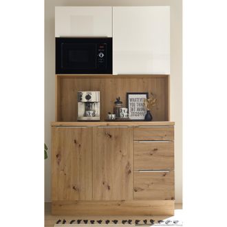 Respekta home24 Singlek&uuml;che 120 x 211 x 60cm Wei&szlig;/Hochglanz Wei&szlig;/Eiche Artisan Dekor mit Elektroger&auml;ten