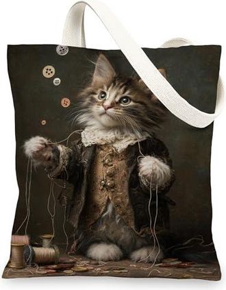 Generic Sacs fourre-tout fantaisistes en toile, illustration de chat amusant, sacs à provisions réutilisables, vintage chic léger lavable bandoulière Ca, mult